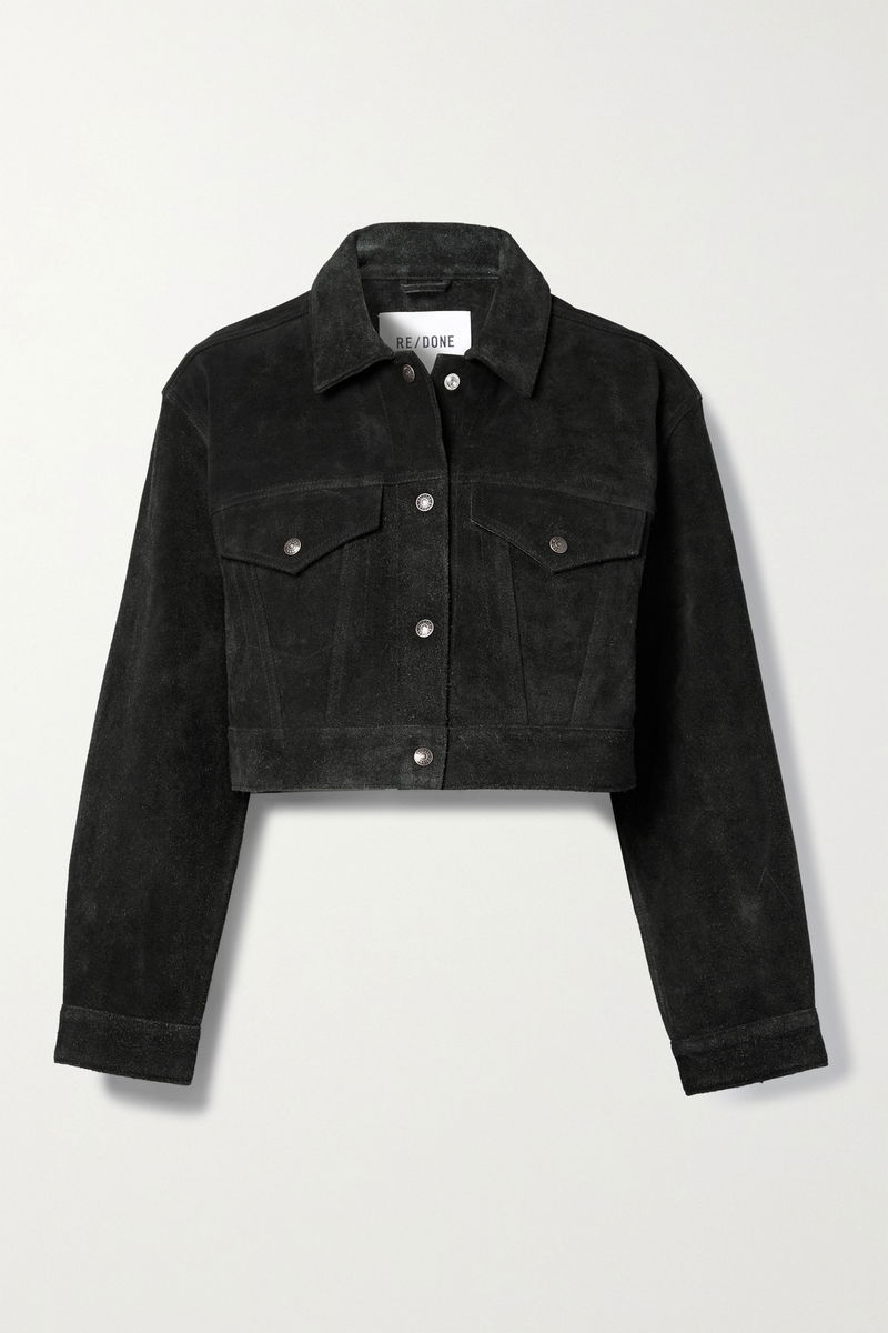 Redone Cropped Fringed Suede Jacket in Black | endource