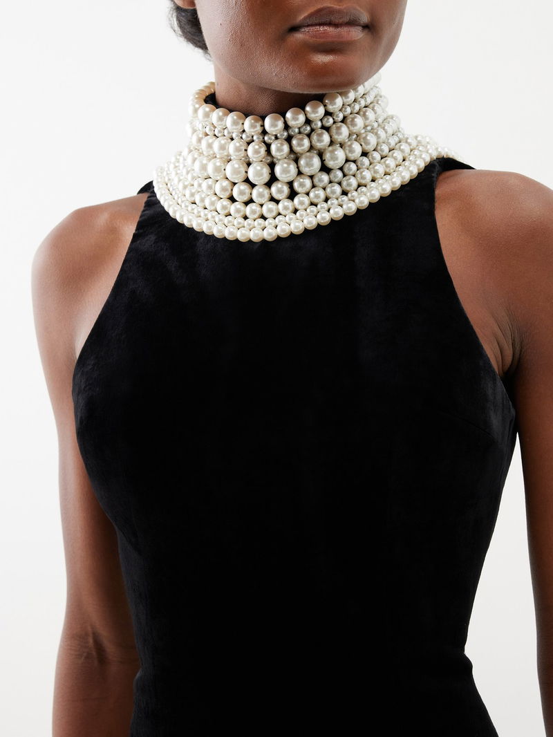 BALMAIN Faux-Pearl Embellished Velvet Gown in Black | endource