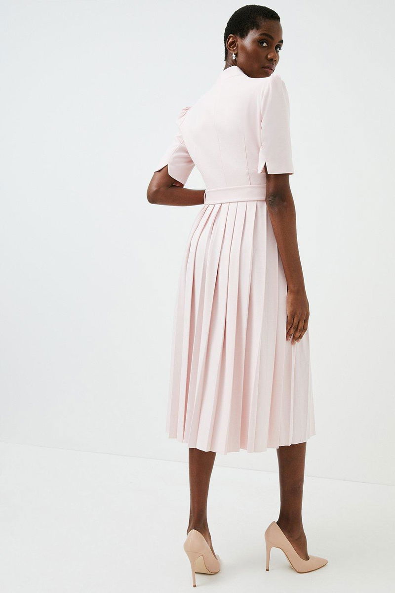 Karen Millen Structured Crepe Forever Pleat Belted Dress In Magenta
