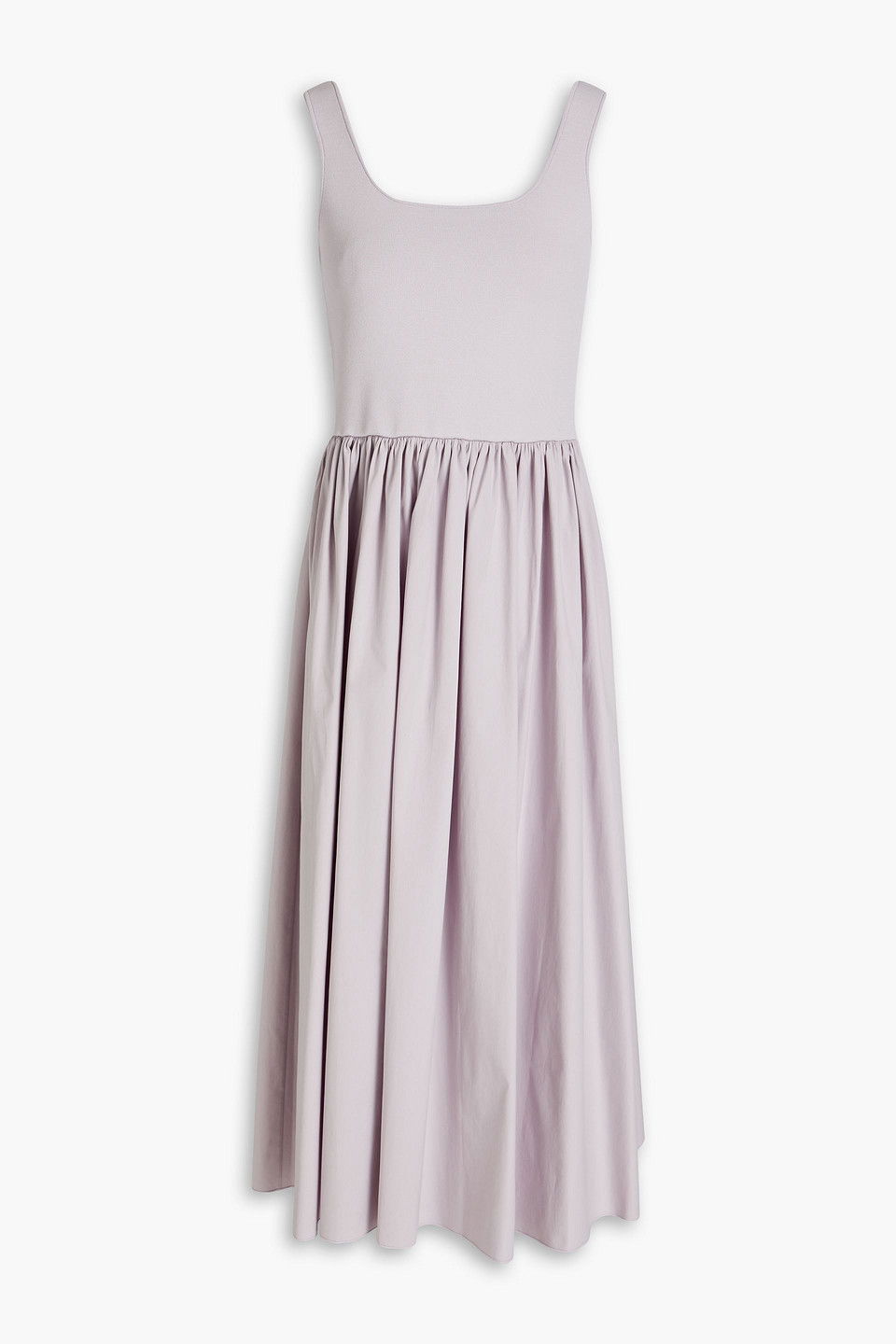 THEORY Knit-Paneled Stretch-Cotton Poplin Midi Dress in Purple | Endource