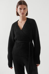 COS Relaxed Wool Wrap Cardigan in BLACK | endource