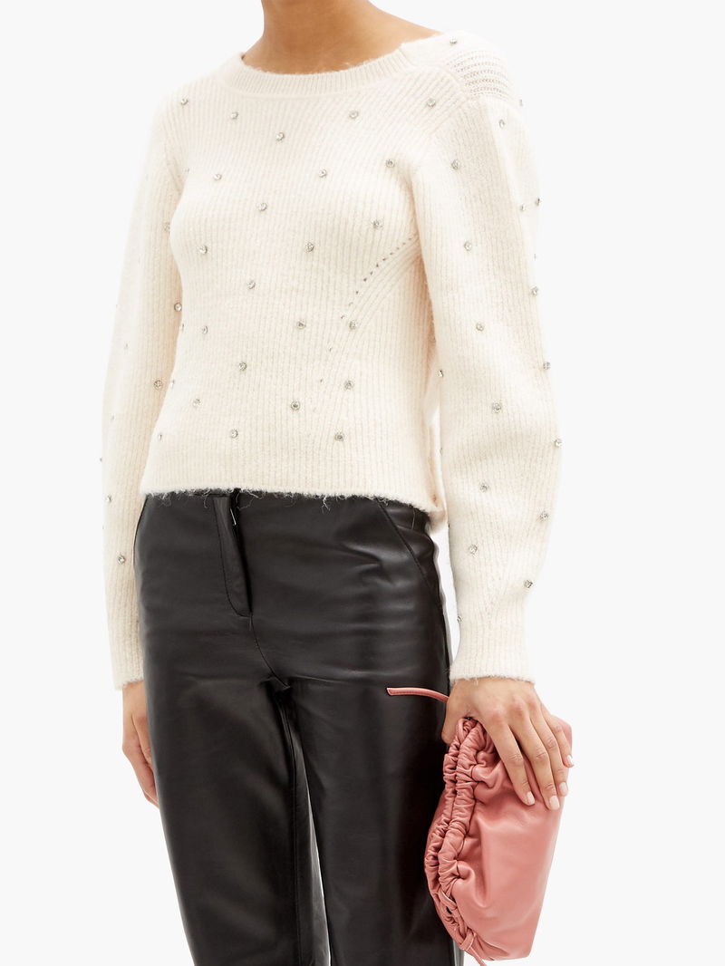 SELF-PORTRAIT Crystal-Embellished Wrap-Front Sweater in Ivory | Endource