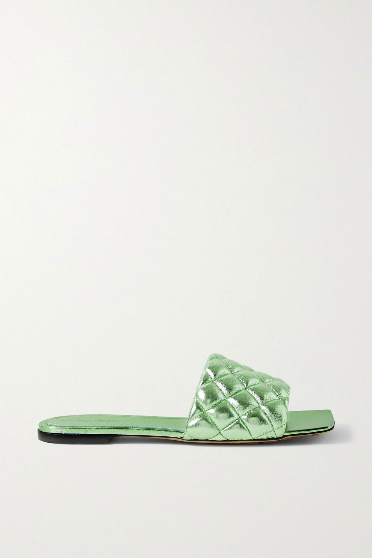 BOTTEGA VENETA Quilted Metallic Leather Slides in Green | endource