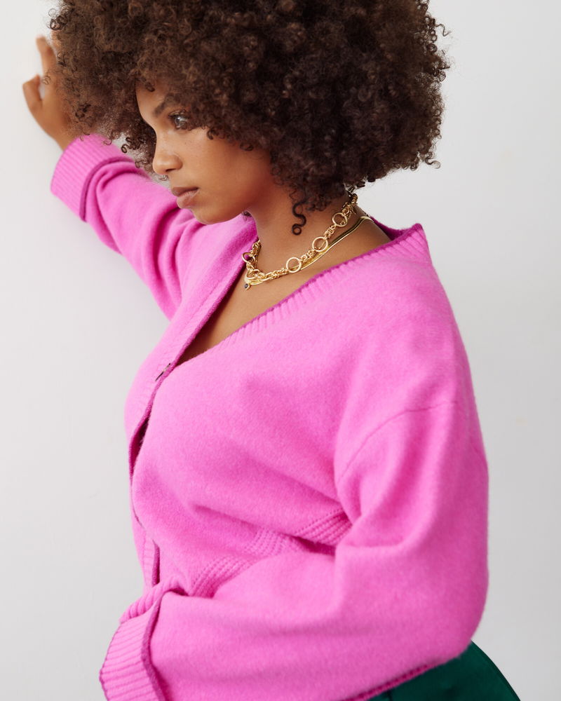 OLIVER BONAS Magenta Trim Knitted Cardigan in Pink | endource