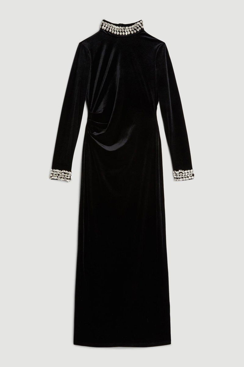 Karen Millen Stretch Velvet Crystal Embellished Long Sleeve Maxi Dress