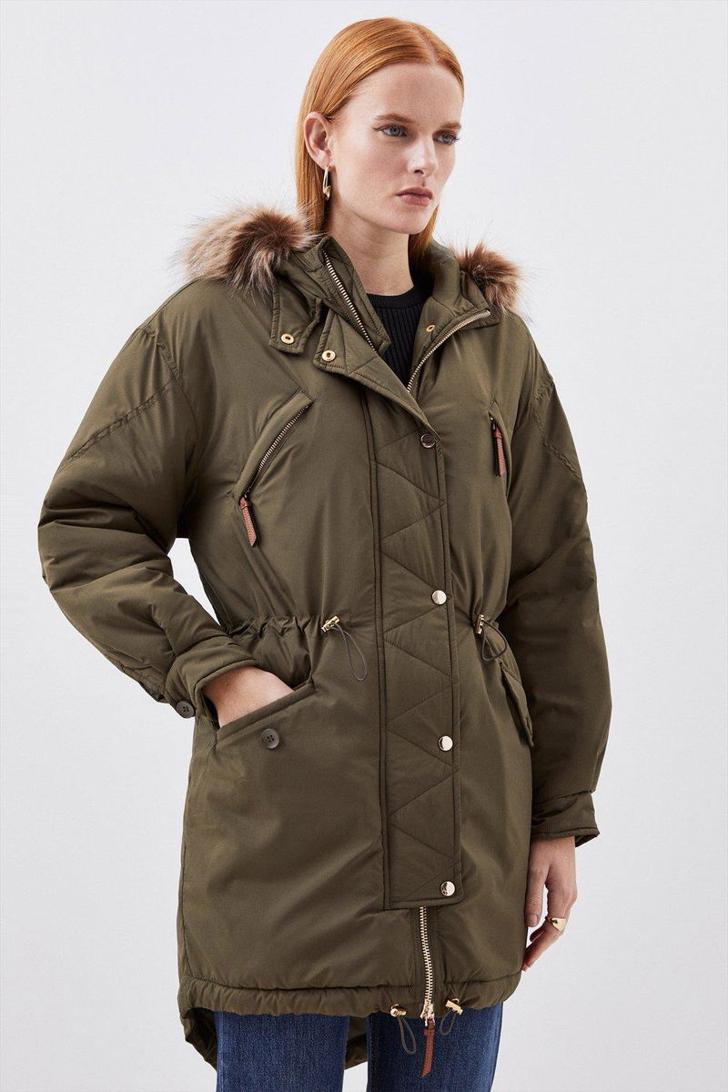 KAREN MILLEN Faux Fur Hooded Parka Coat in Khaki | endource