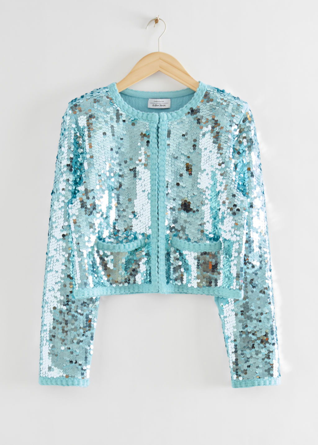 & OTHER STORIES Knitted Sequin Embellished Jacket in Turquoise | Endource