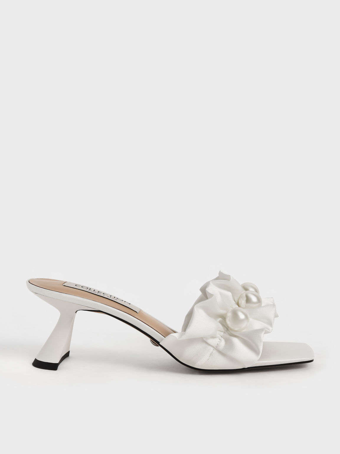 CHARLES & KEITH Blythe Bead-Embellished Satin Mules in White | Endource