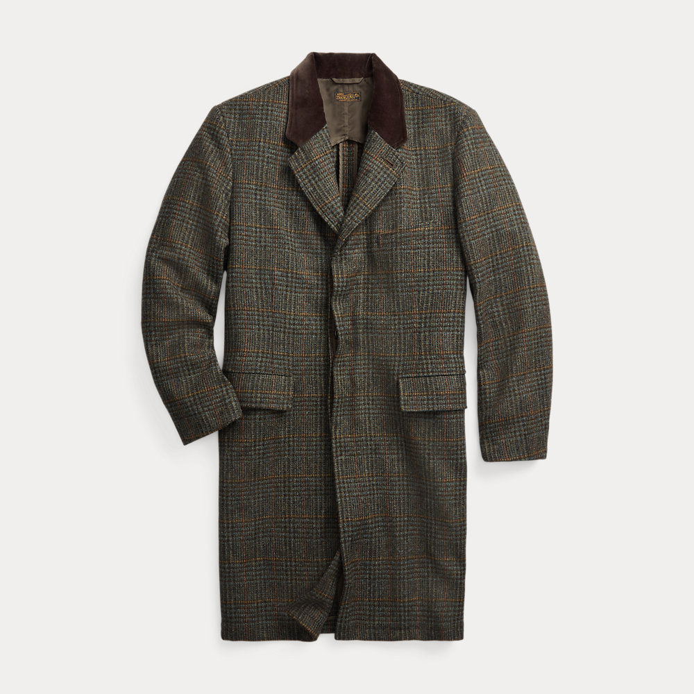 RALPH LAUREN RRL Velvet-Collar Plaid Shetland Wool Coat in Brown | endource