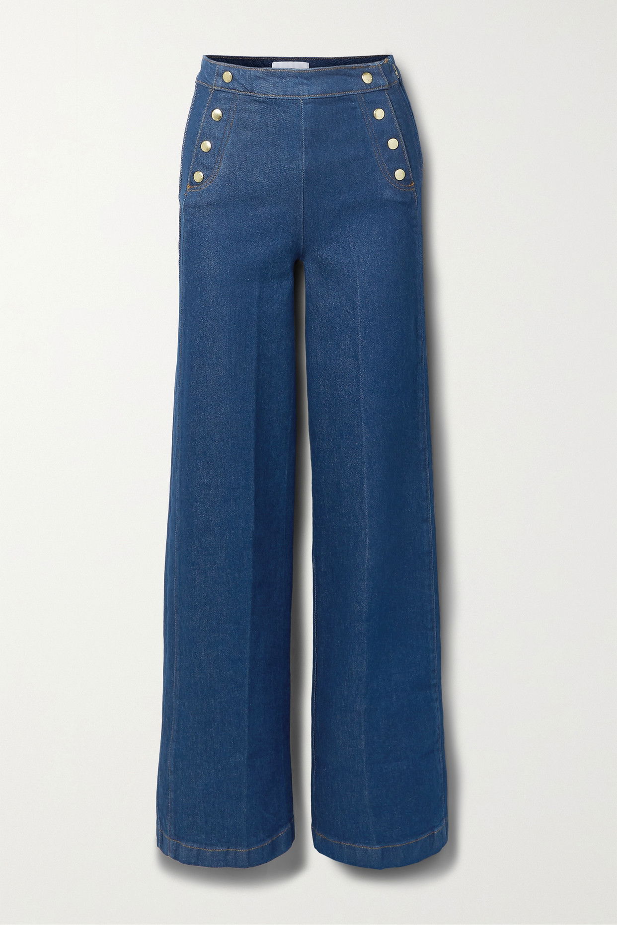 FRAME Sailor Button-Embellished High-Rise Wide-Leg Jeans in Blue | endource