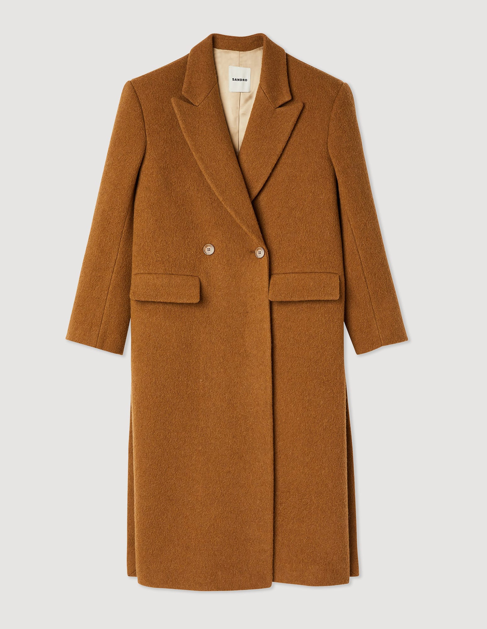 SANDRO Straight-Cut Brushed Wool Coat in Camel | endource