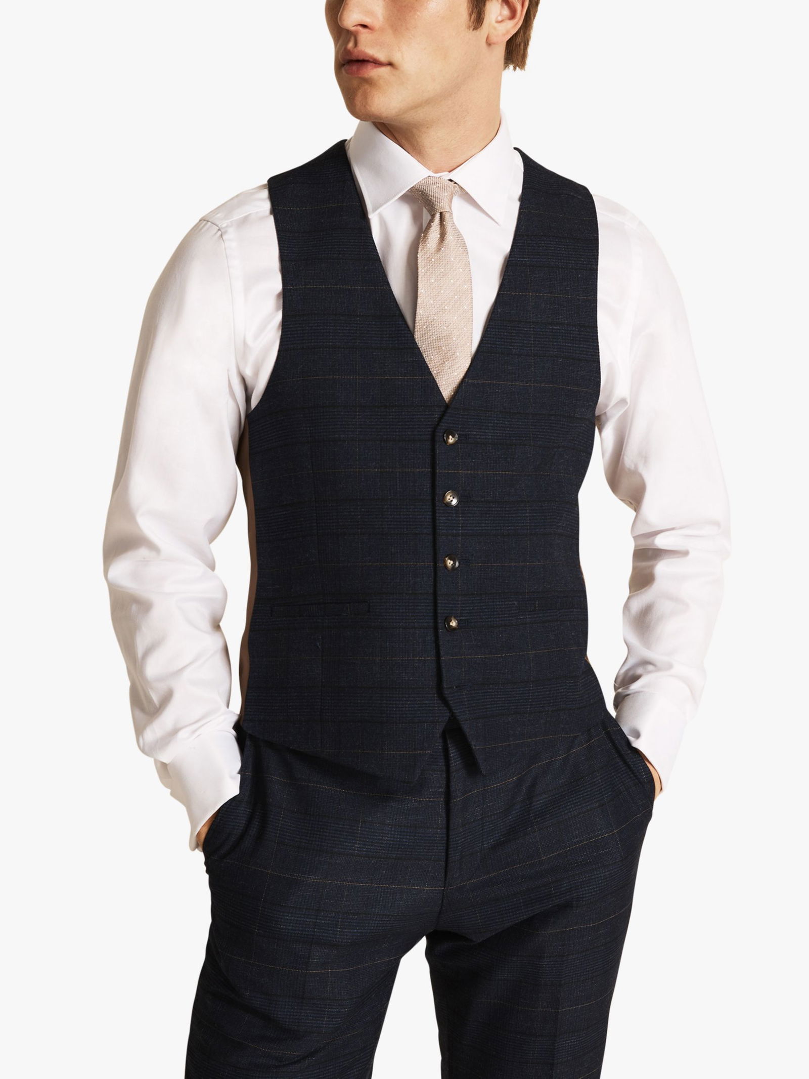 MOSS 1851 Tailored Fit Check Waistcoat in Navy | endource
