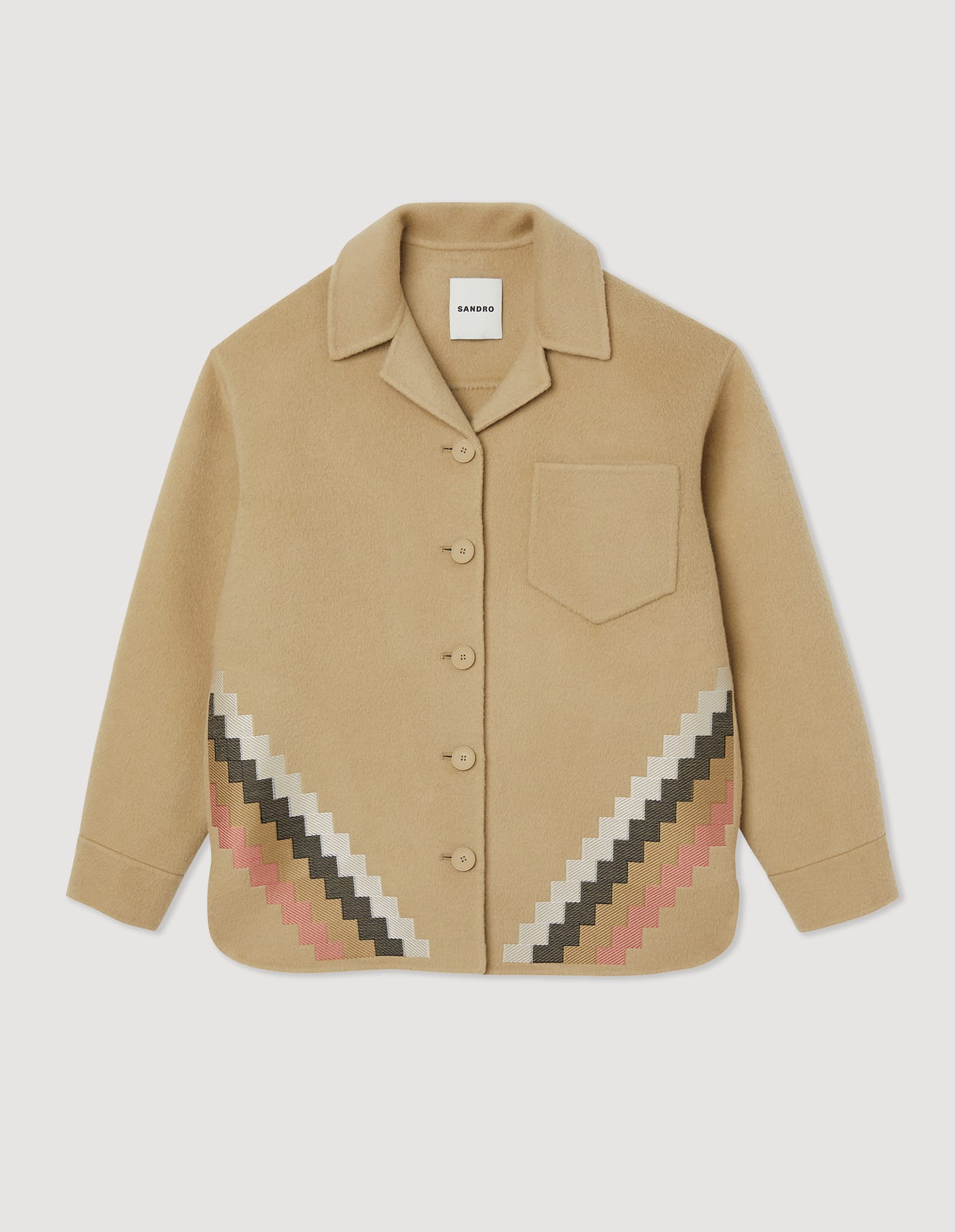 SANDRO Embroidered Wool Coat in Beige | endource