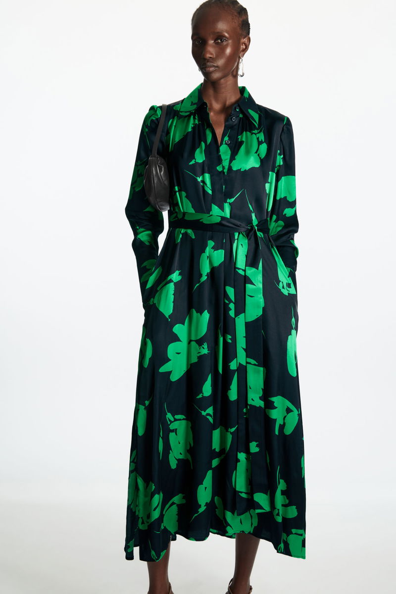COS Belted Printed Dress in BLACK / GREEN / PRINTED | Endource