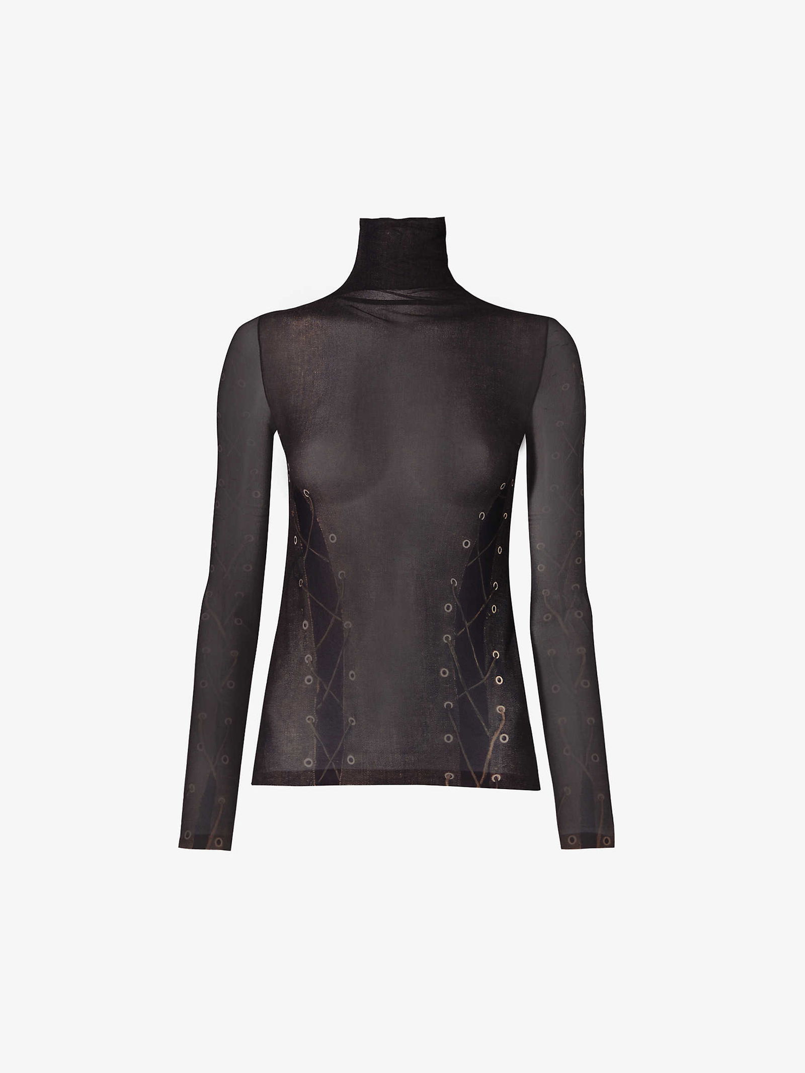 ACNE STUDIOS Denise High-Neck Abstract-Pattern Mesh Top in DARK BROWN ...