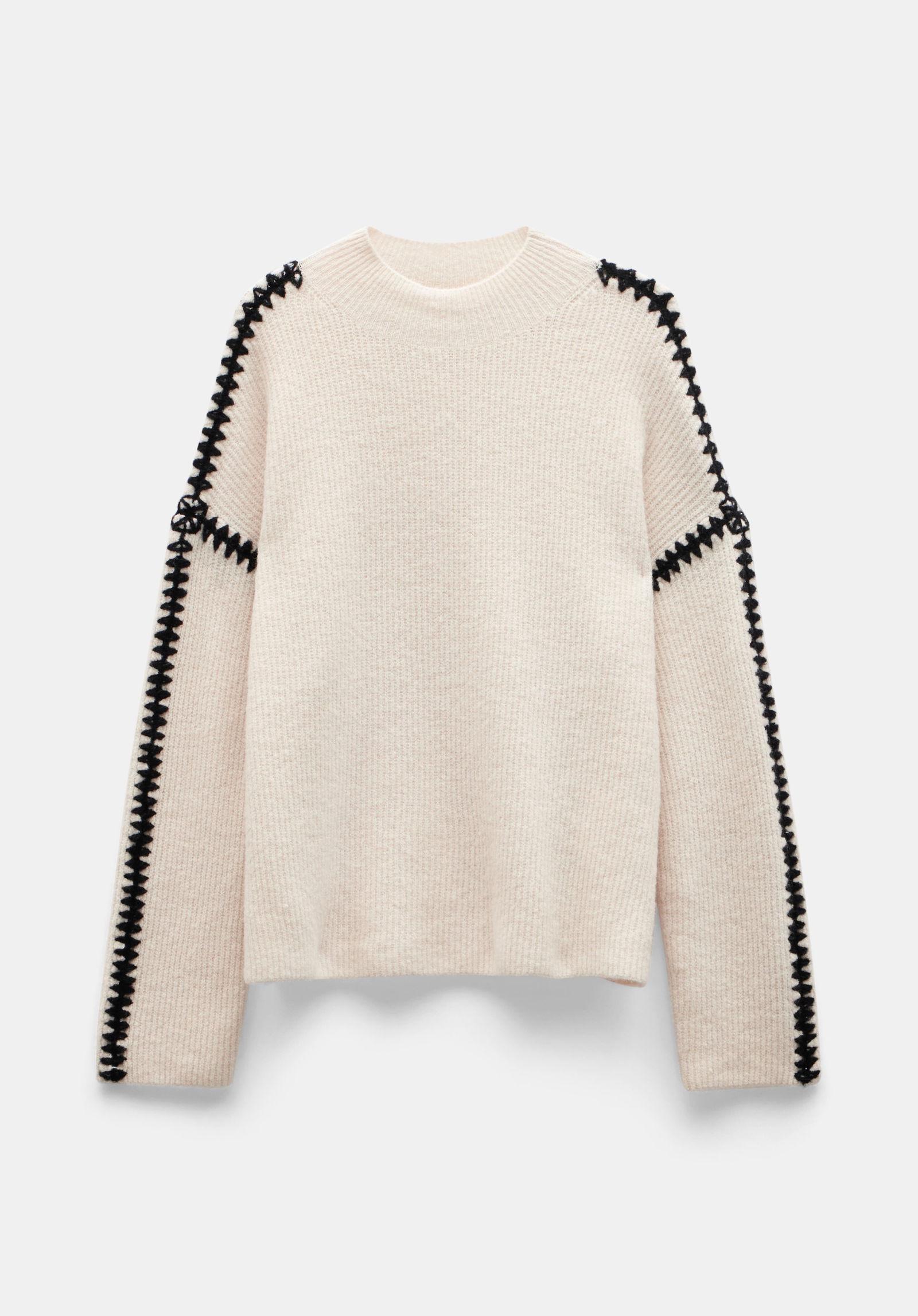 HUSH Celine Contrast Stitch Wool Blend Jumper in Ecru / Black | Endource