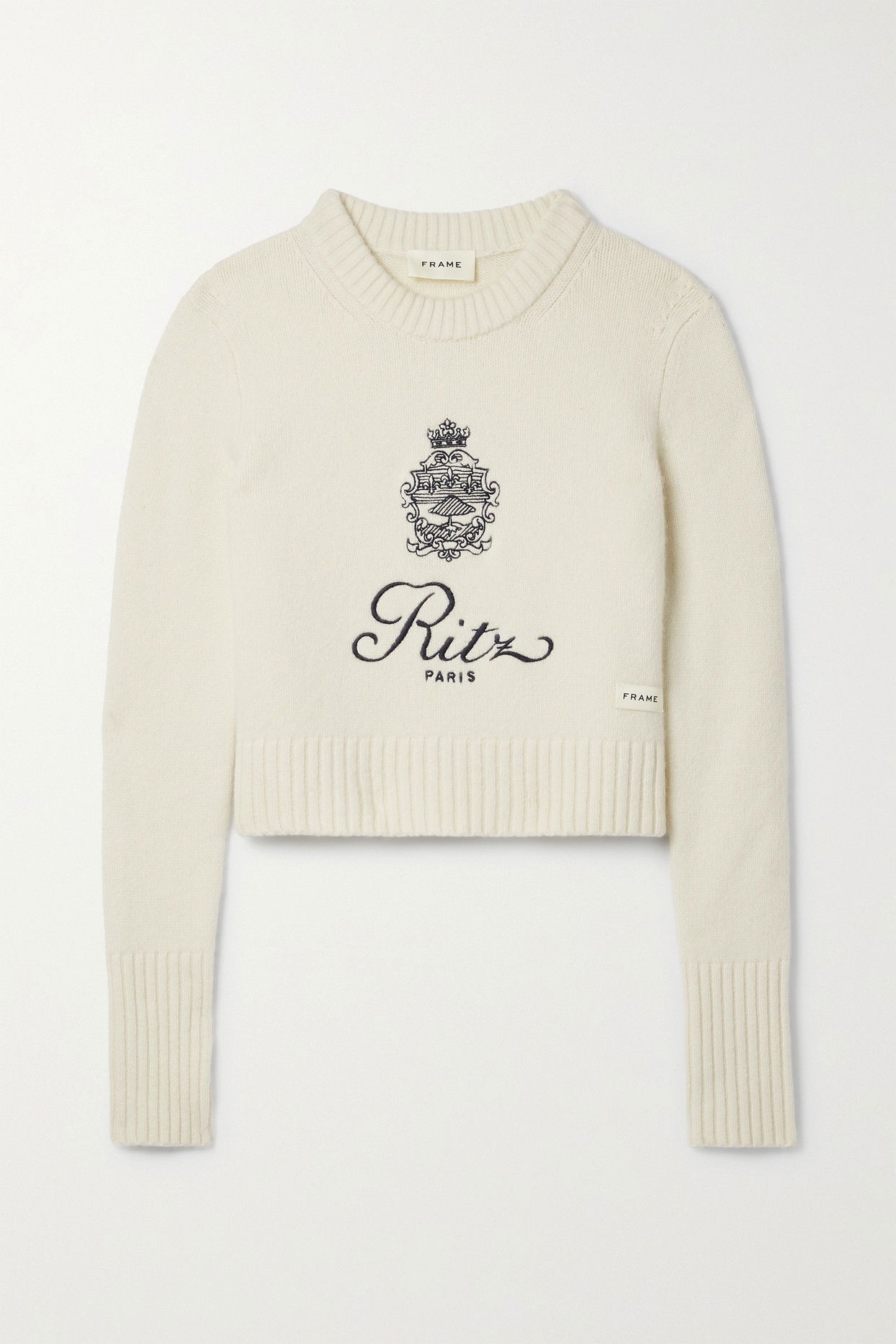 FRAME Ritz Paris Cropped Embroidered Cashmere sweater in Off-white ...