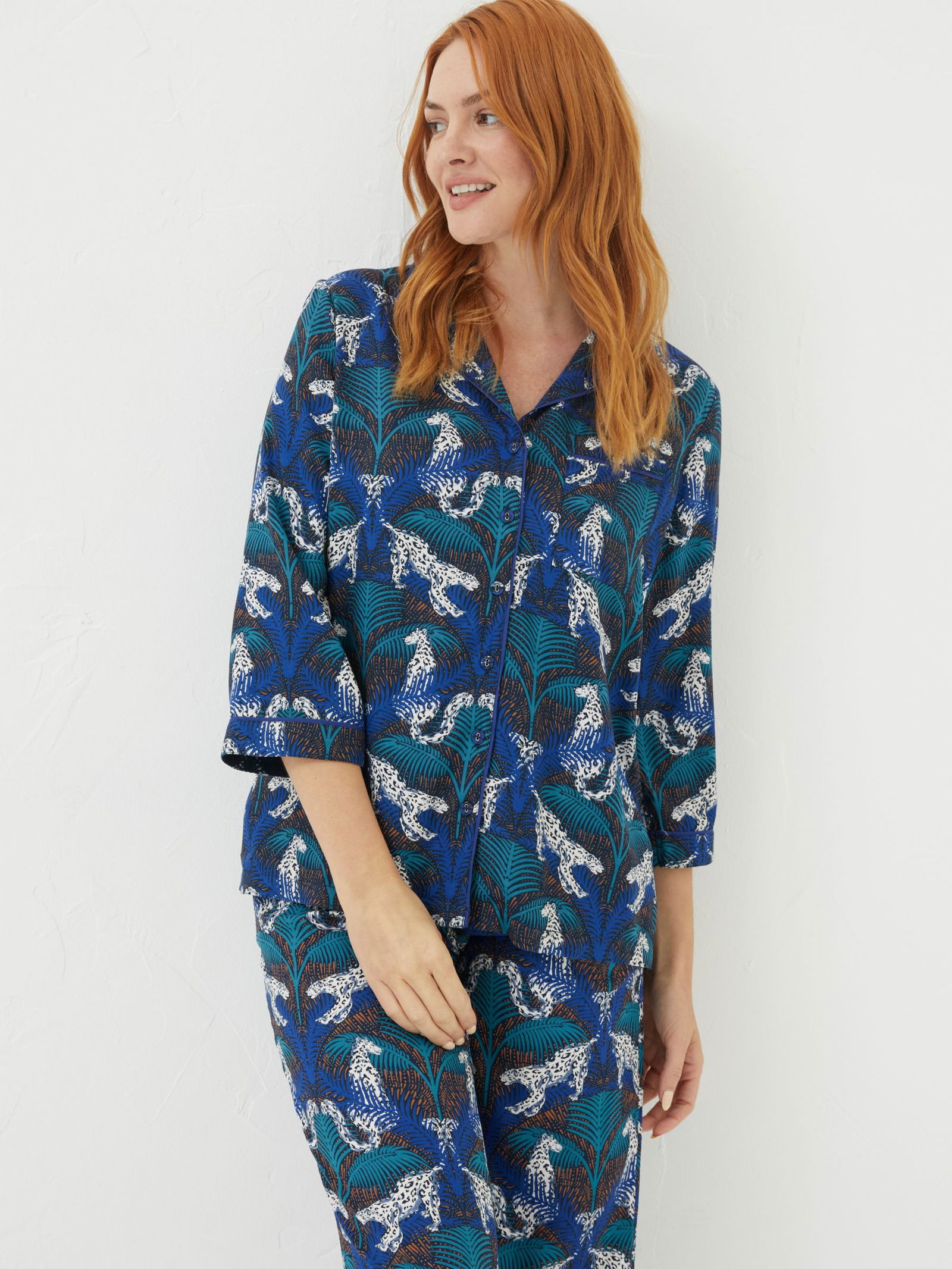 FATFACE Snow Leopard Pyjama Shirt in Cobalt Blue | endource