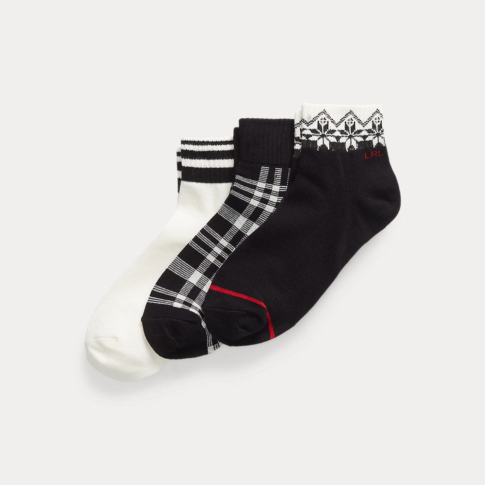 LAUREN RALPH LAUREN Patterned Quarter-Top Sock 3-Pack in Black | endource
