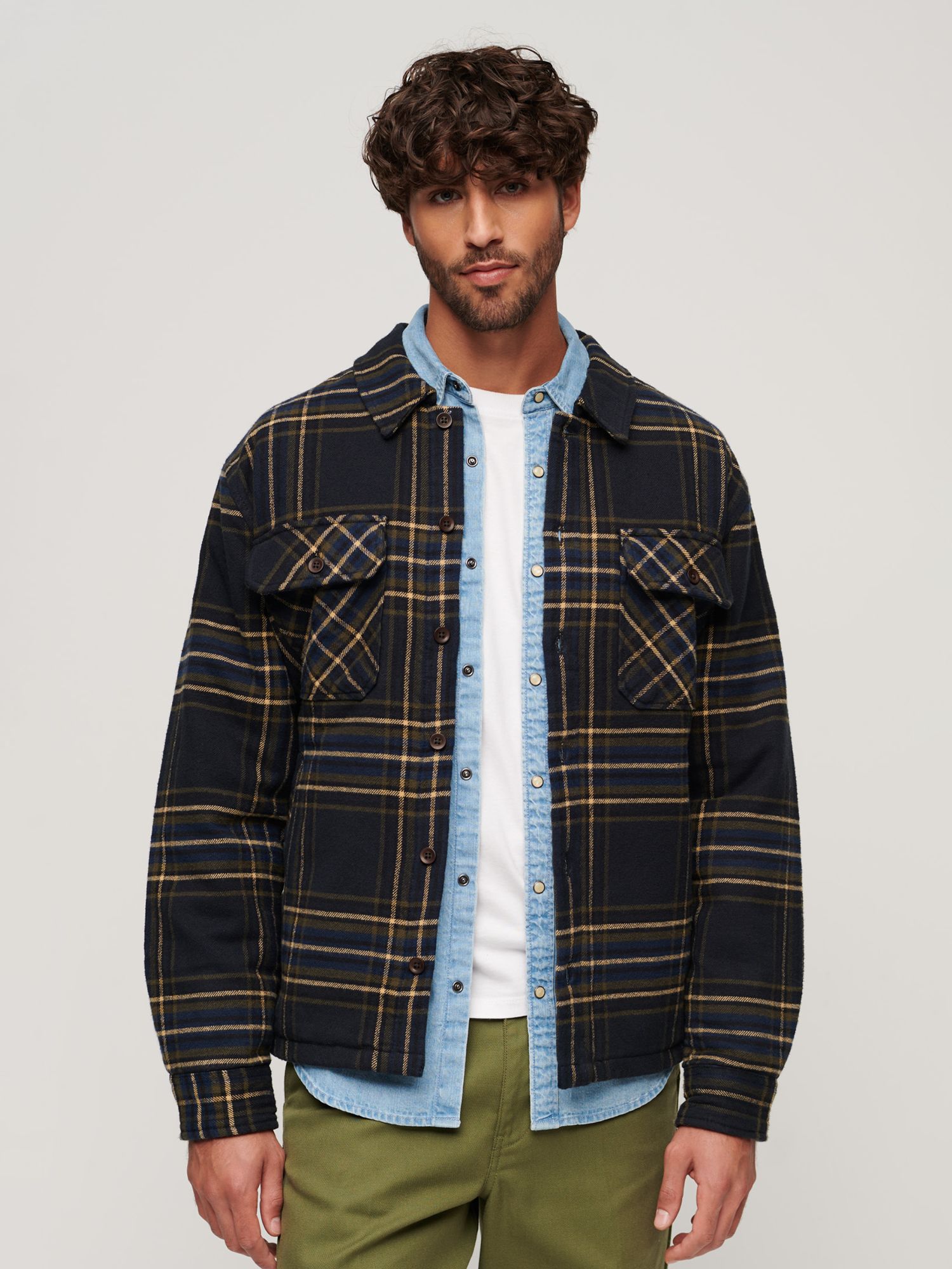 SUPERDRY Surplus Large Check Overshirt in Navy | endource