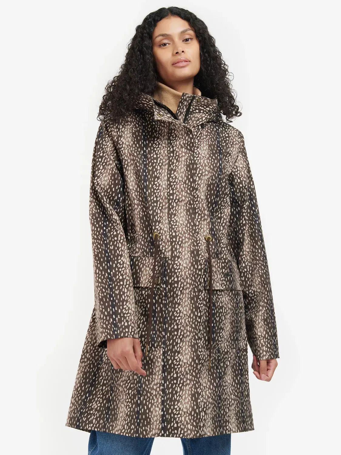 BARBOUR Furness Deer Print Fishtail Hem Coat in Multi | endource