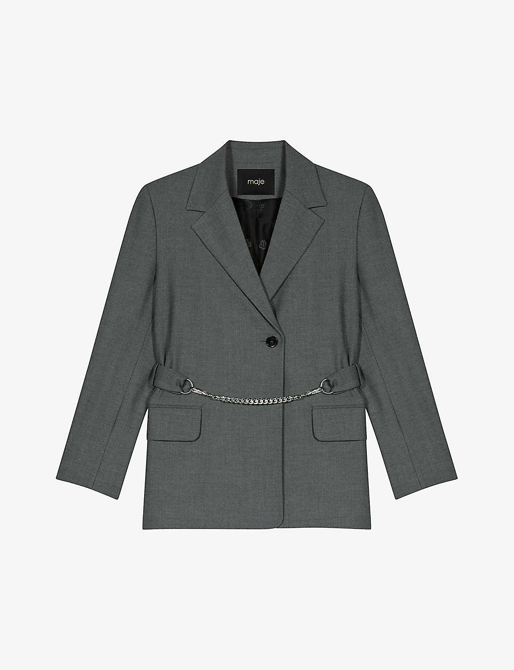MAJE Villanette Chain-Belt Stretch Woven-Blend Blazer in Noir / Gris ...
