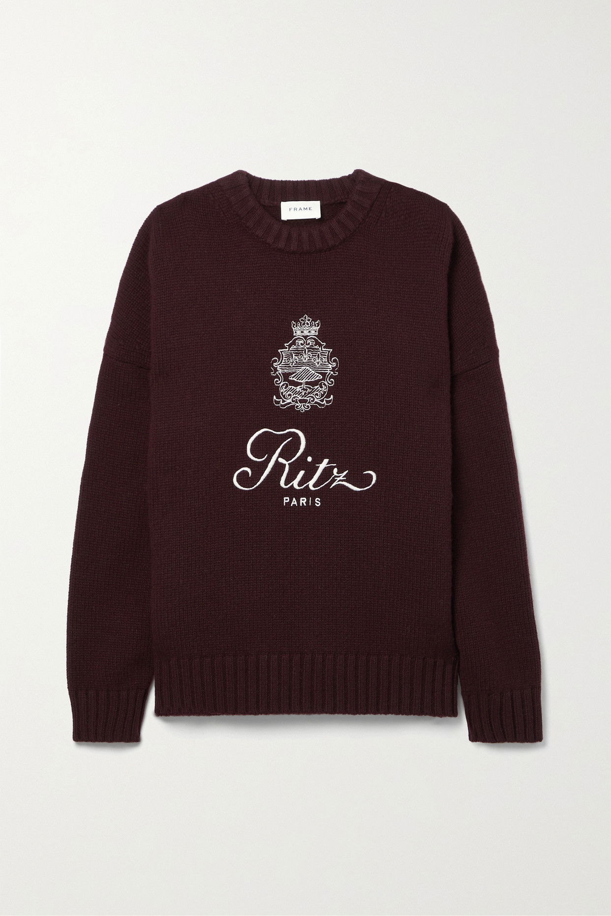 FRAME Frame x Ritz Paris - Embroidered Cashmere Sweater in Burgundy ...