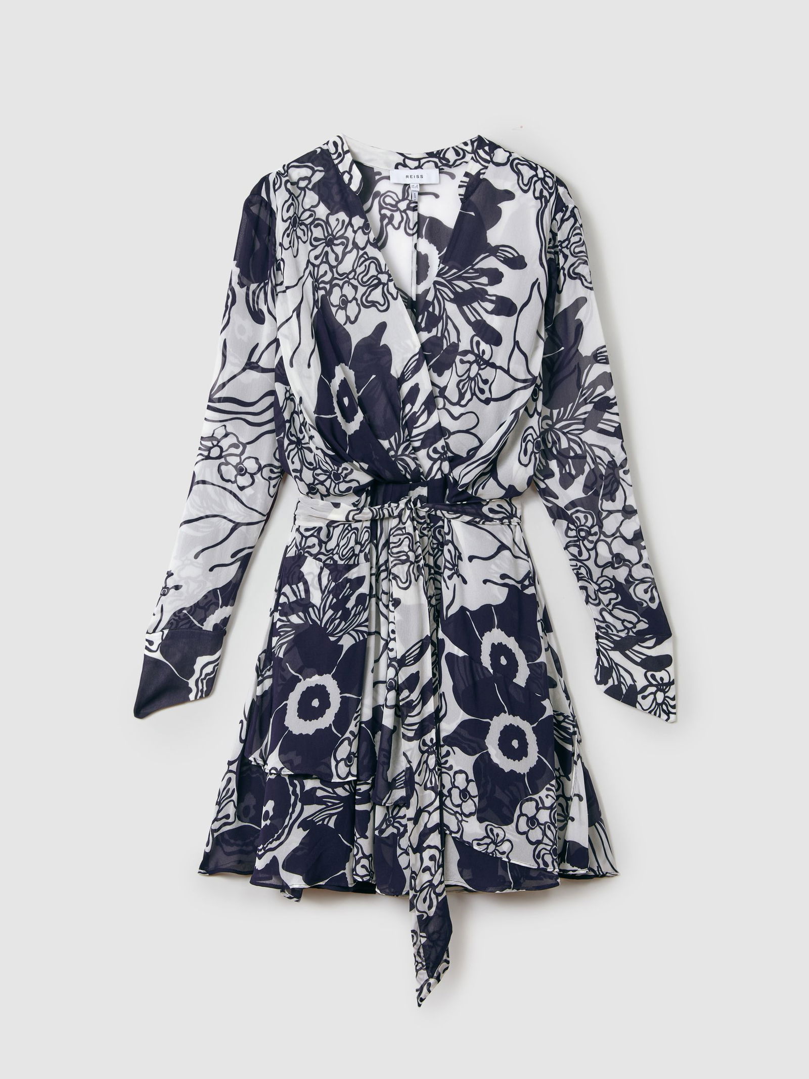REISS Sienna Printed Belted Mini Dress in Navy/Cream | endource