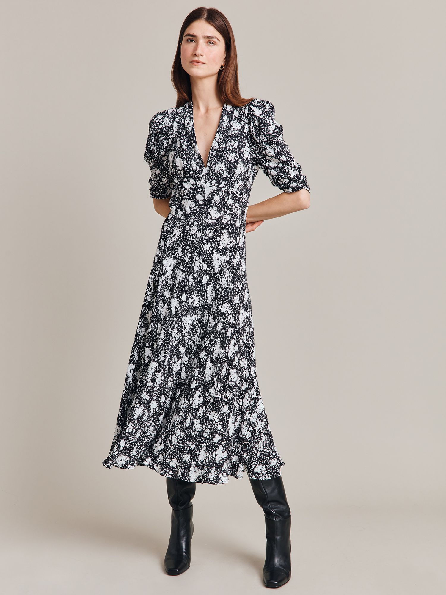 GHOST Madi Floral Print Midi Dress in Black/White | Endource