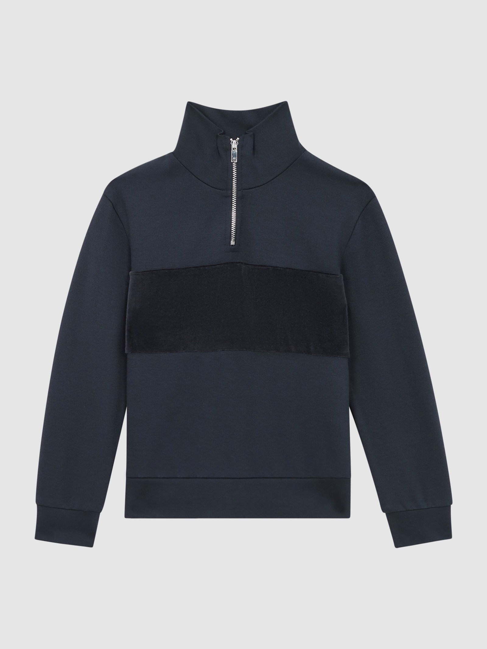 REISS Selin Slim Fit Half-Zip Funnel Neck Velour Jumper in Navy | Endource