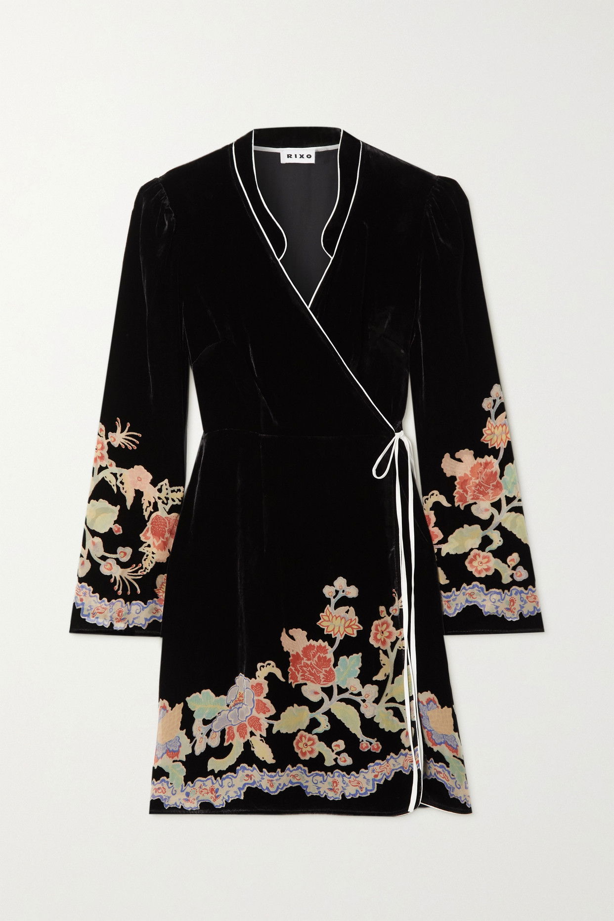 RIXO Iris Floral-Print Devoré Silk-Velvet Wrap Mini Dress in Black ...