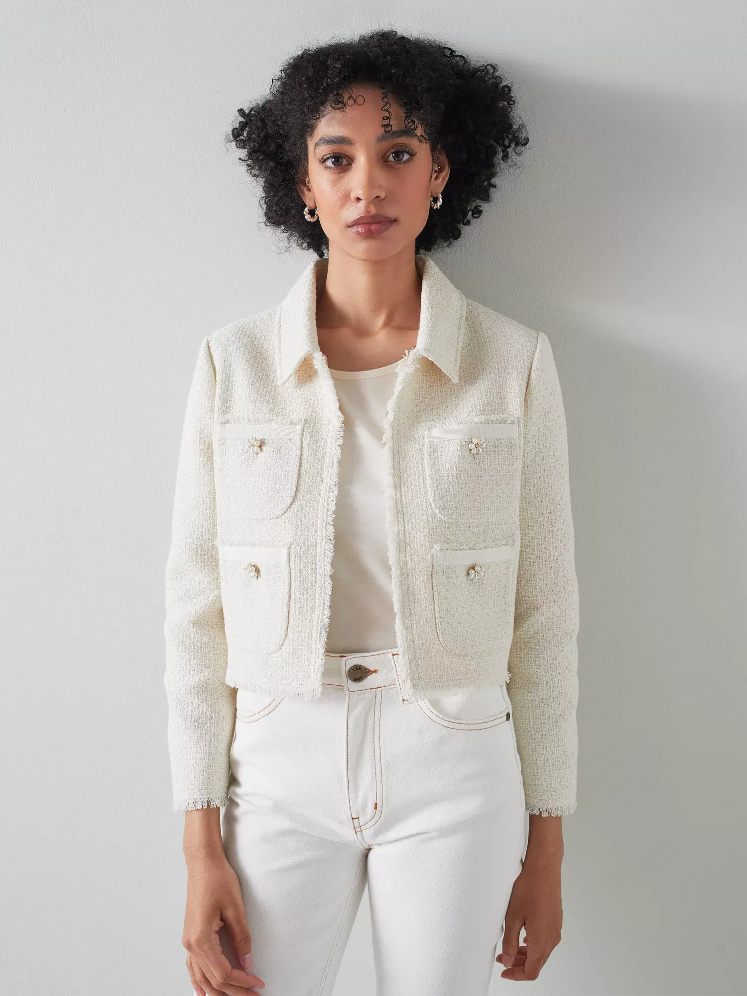 L.K. BENNETT Ada Wool and Cotton Blend Tweed Jacket in Cream | endource