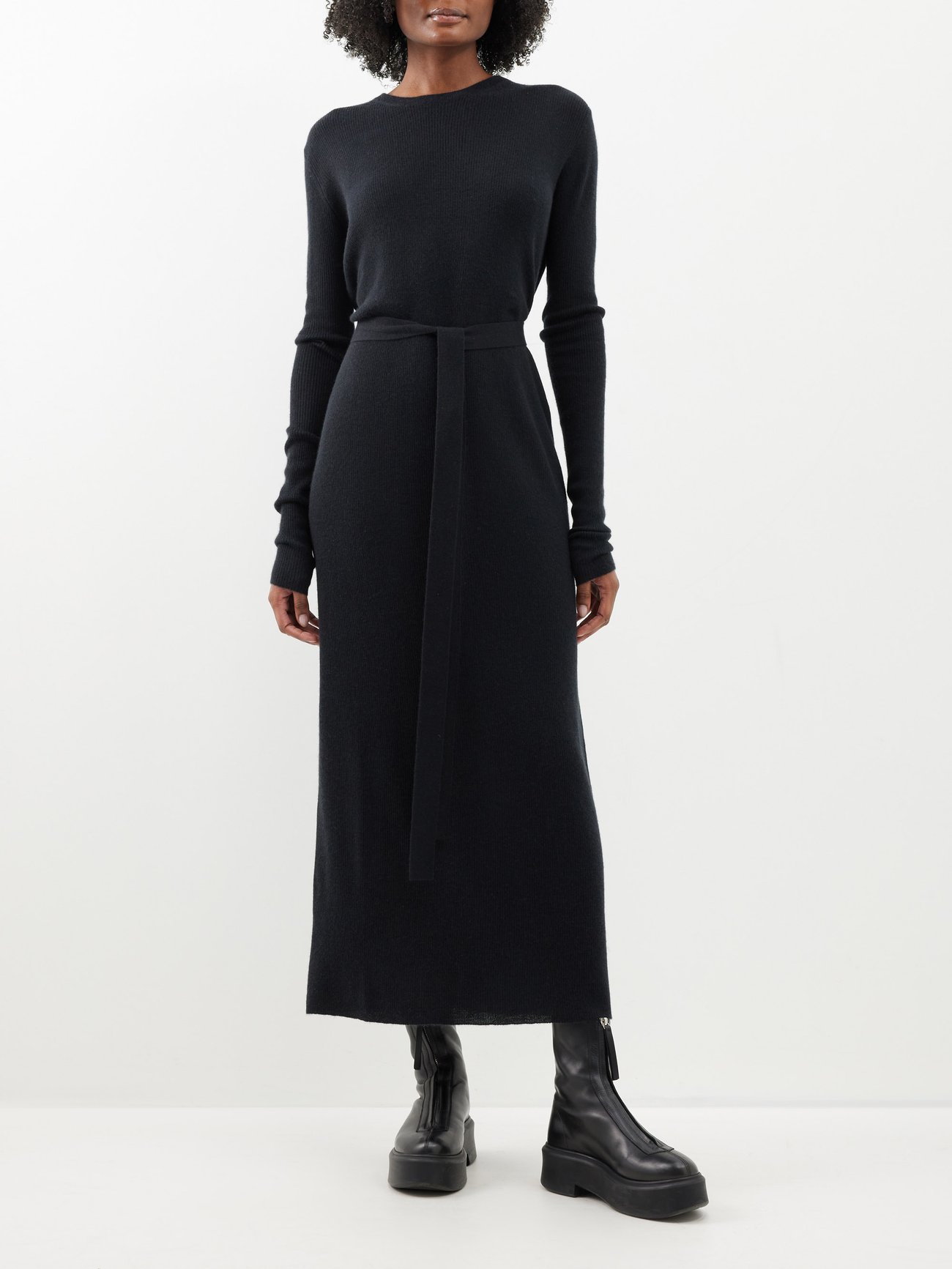RAEY Crew Neck Cashmere Belted Midi Dress in Black | endource