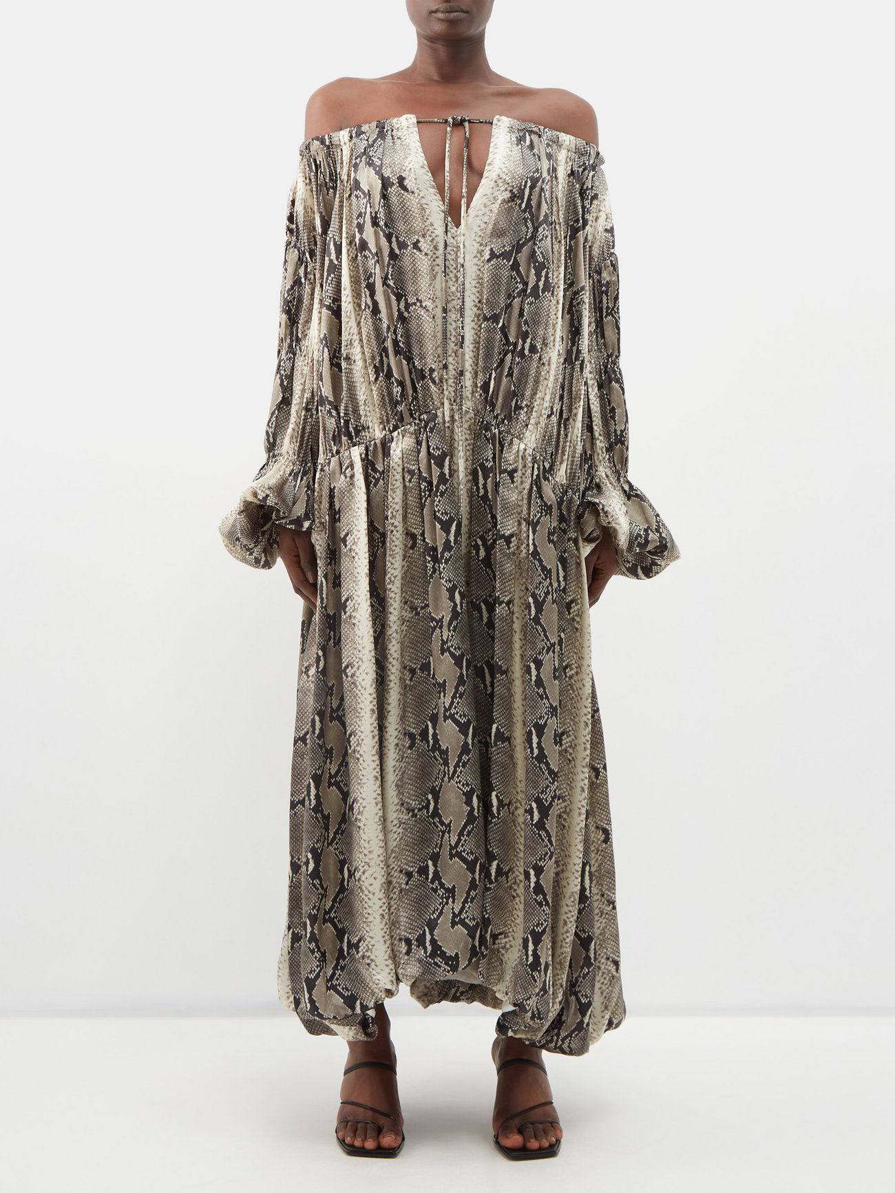 KHAITE Cole Balloon-Sleeve Snake-Print Maxi Dress in Brown | endource