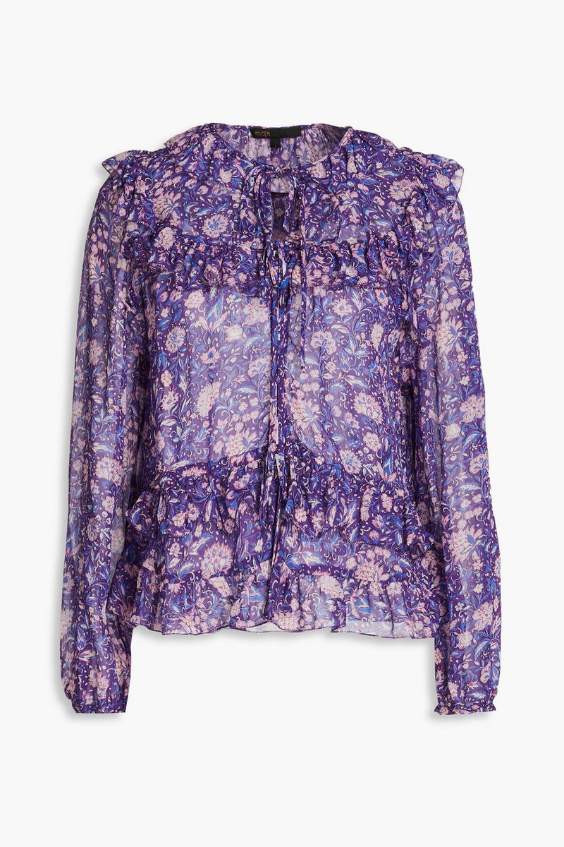 MAJE Loleta Ruffled Floral-Print Crepe De Chine Blouse in Purple | endource