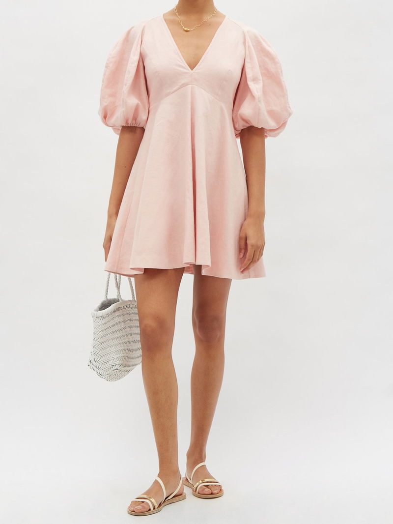 ZIMMERMANN Dancer Puff-Sleeve Linen Mini Dress in Pink | Endource