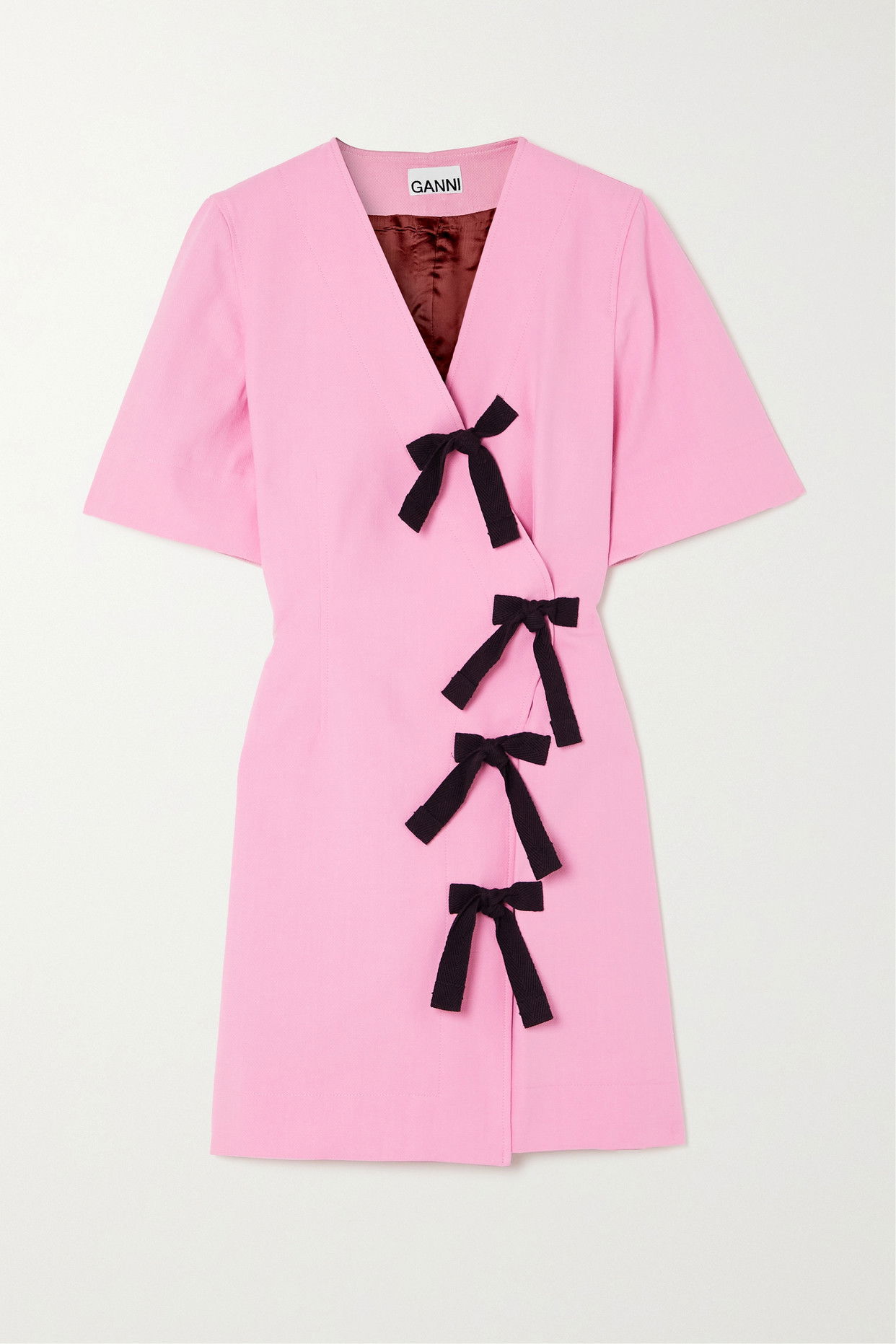 GANNI Bow-Detailed Organic Cotton Mini Dress in Pink | endource