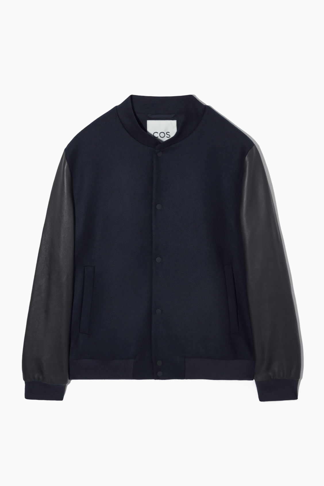 COS Leather-Sleeve Bomber Jacket in NAVY / BLACK | endource