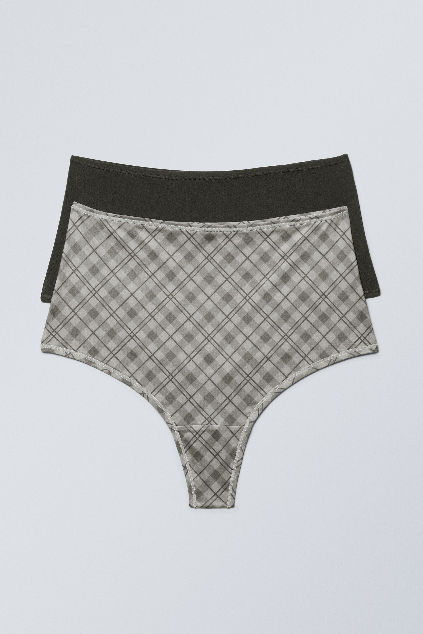 WEEKDAY 2-Pack Soft High Rise Thongs in Dark Grey/Checked Greige | endource