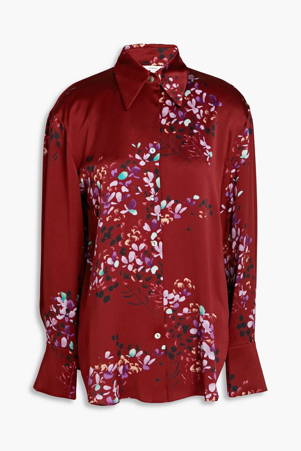 Vince Floral Print Silk Satin Shirt In Burgundy Endource