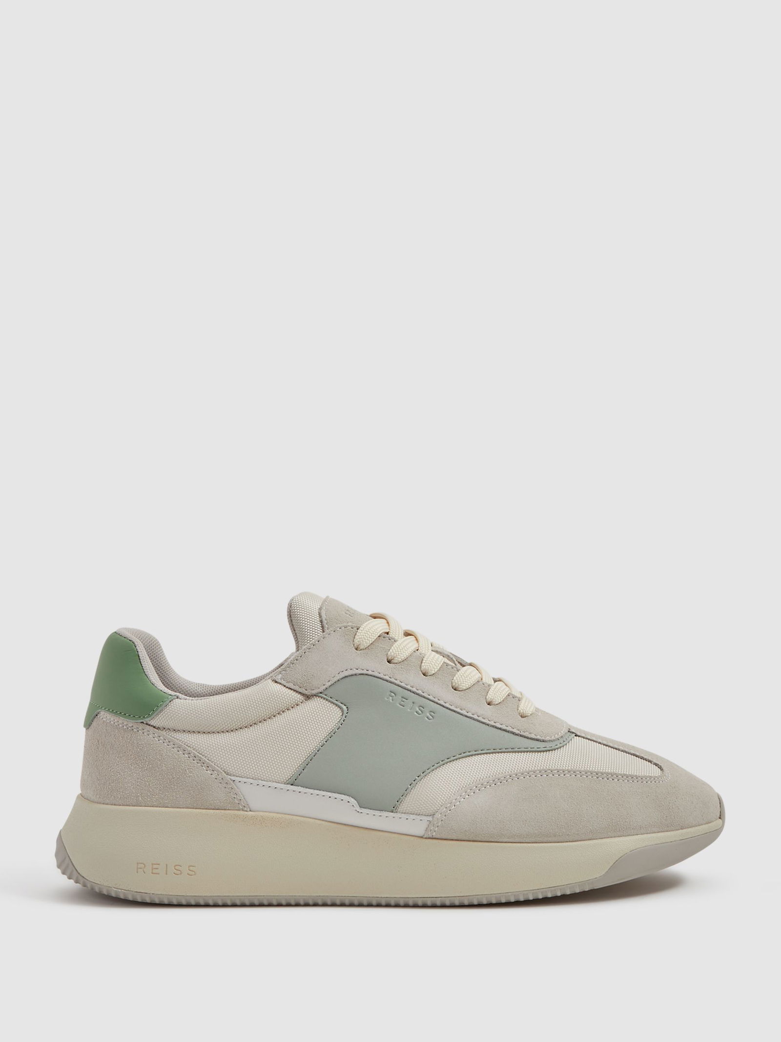 REISS Emmett Leather Suede Running Trainers in Pistachio/White | endource