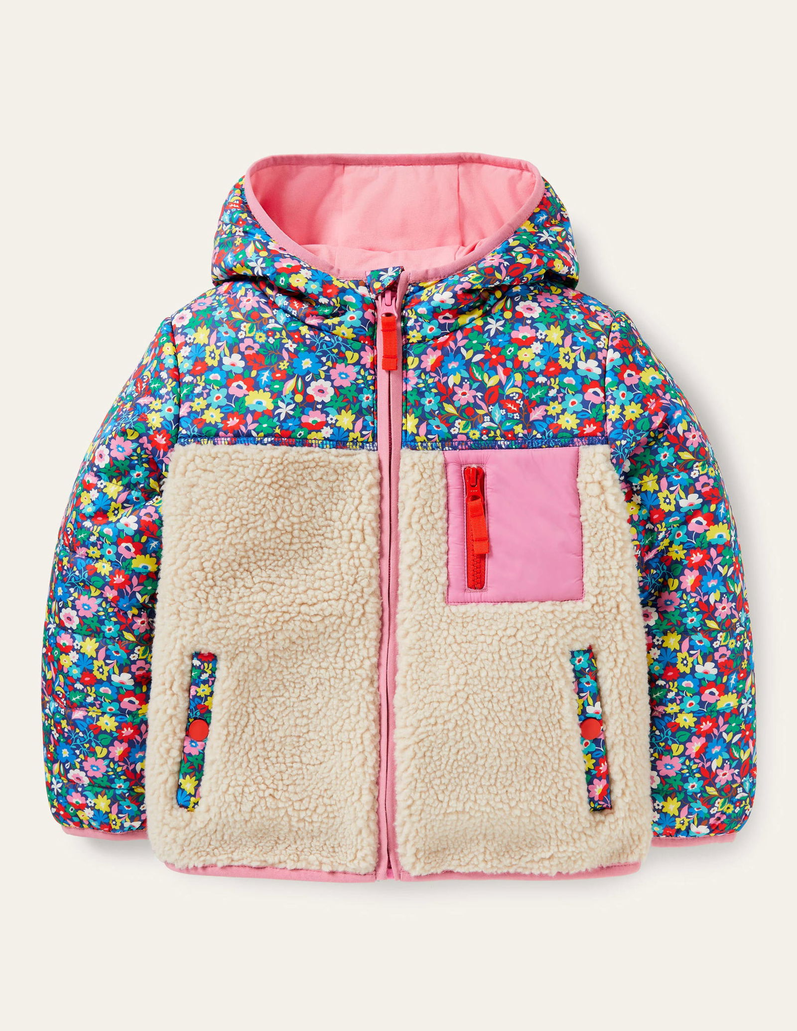 BODEN Colourblock Borg Jacket in Borg Multi Patchwork Floral | Endource
