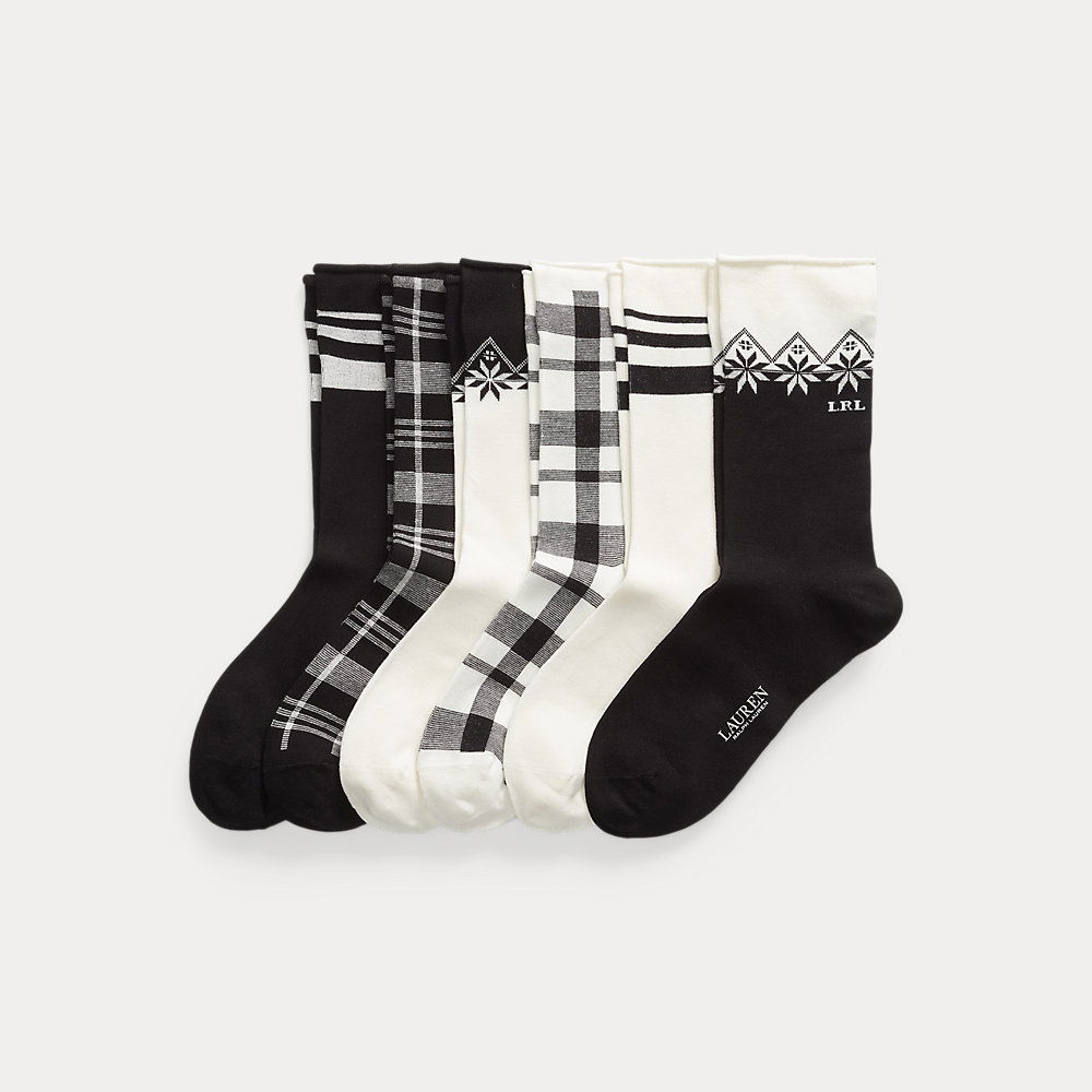 LAUREN RALPH LAUREN Patterned Roll-Top Sock 6-Pack in Black | endource