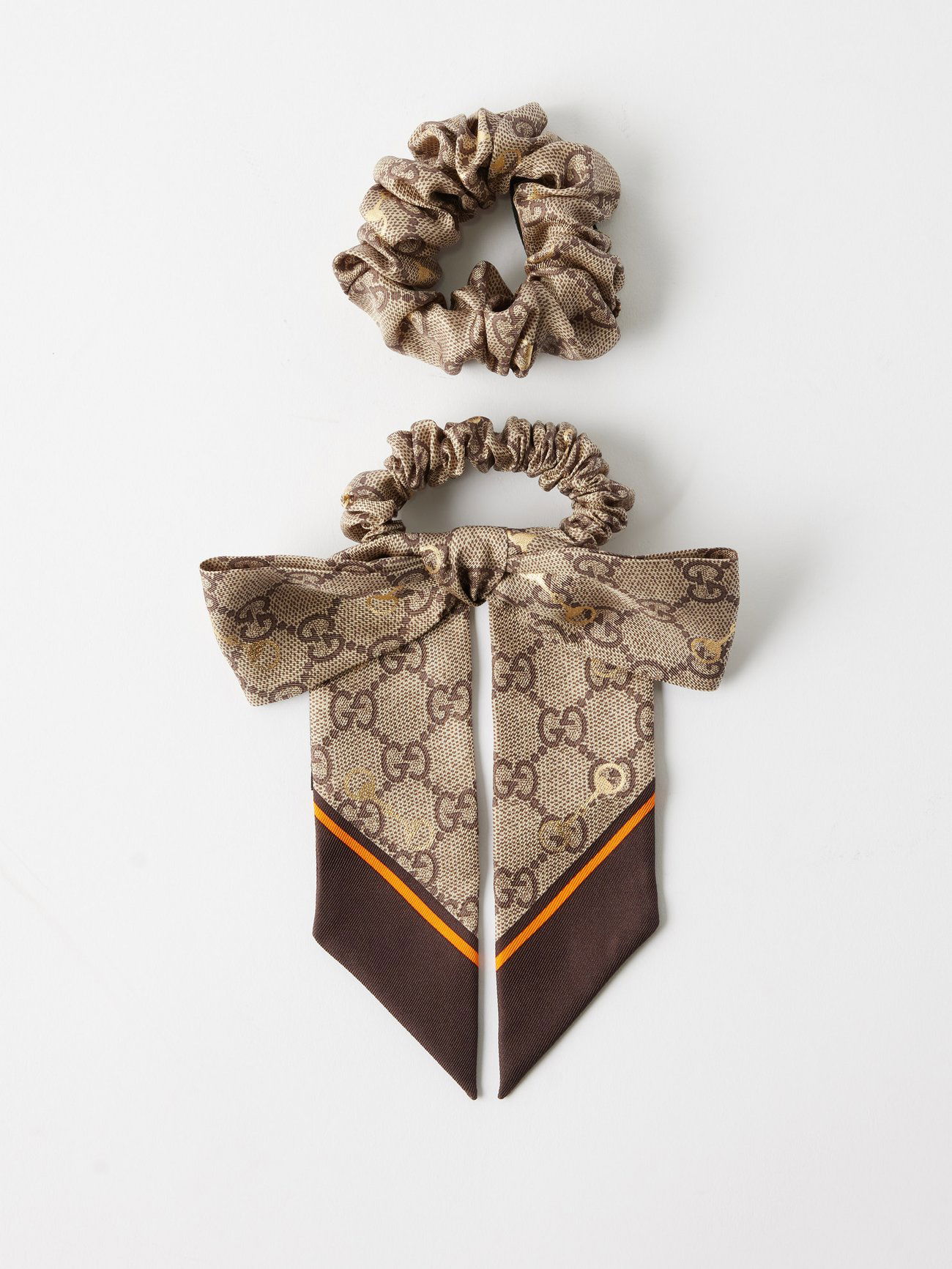 GUCCI Horsebit-Jacquard Silk Scrunchie Set in Beige | endource