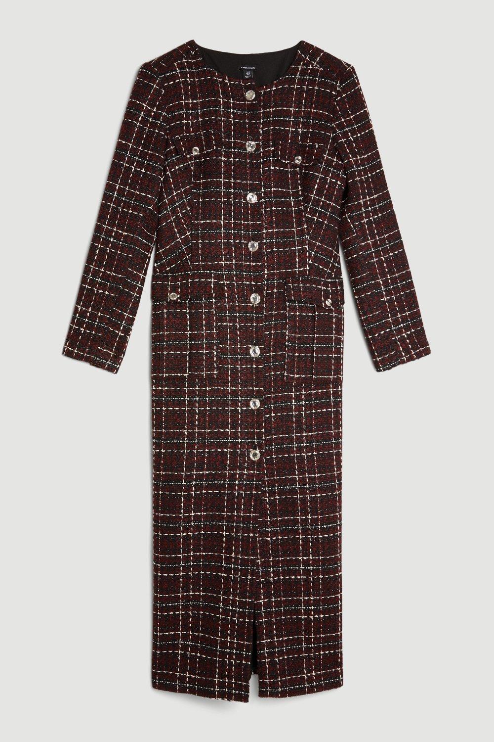 KAREN MILLEN Tailored Check Boucle Pocket Detail Long Sleeve Midi Dress ...