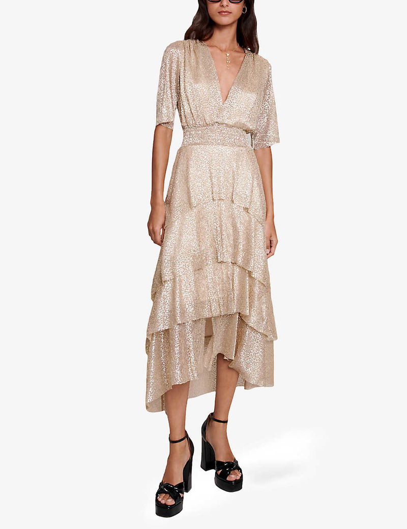 MAJE Ruffino Metallic Tiered-Hem Woven Midi Dress in OR | Endource