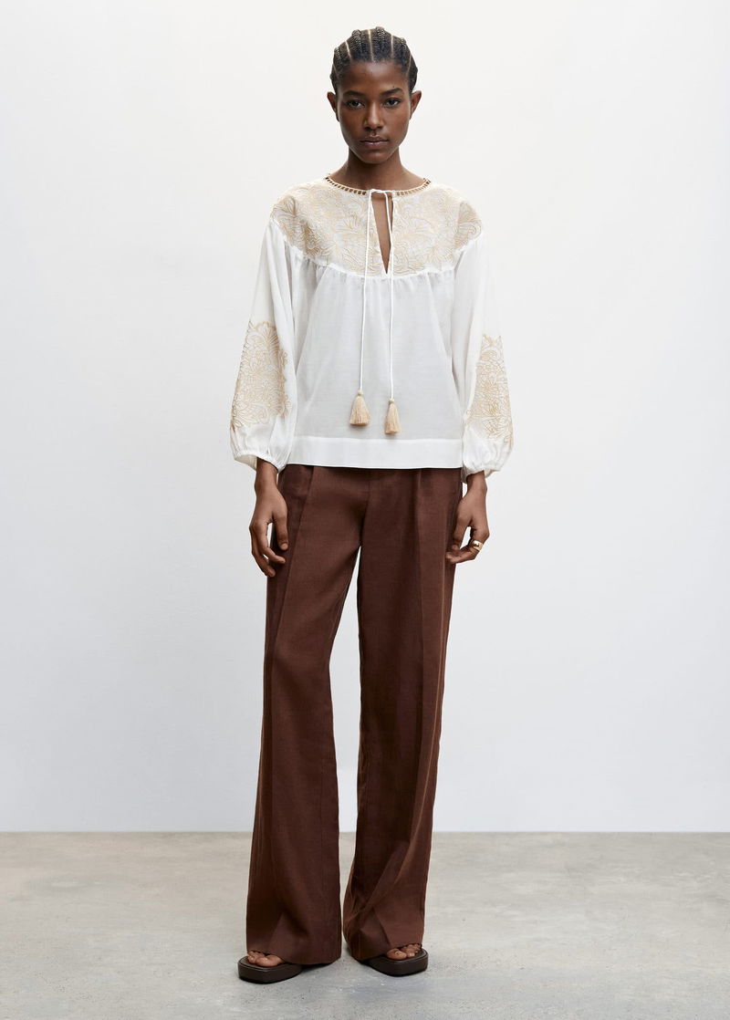 MANGO Embroidered Cord Blouse in Off White | Endource