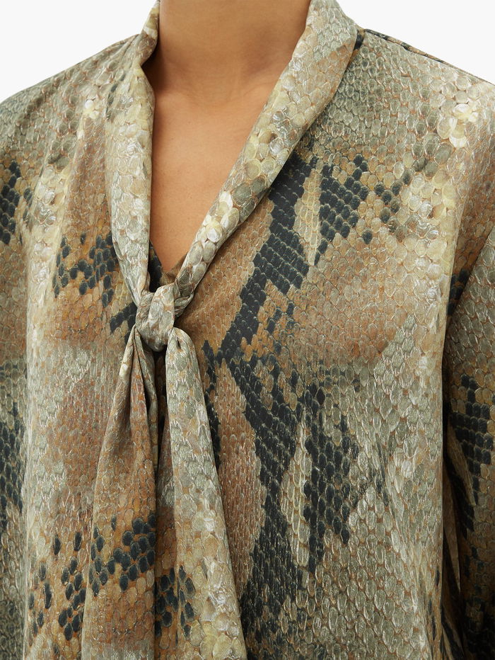 MSGM Snake-Print Tie-Neck Crepe Blouse in Green, print | Endource