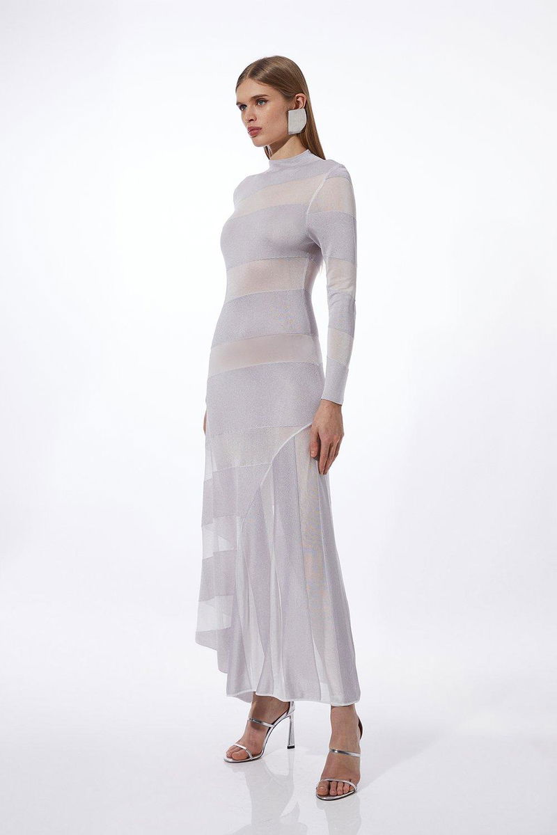 Karen Millen Viscose Blend Slinky Knit Pannelled Maxi Dress In Neutral