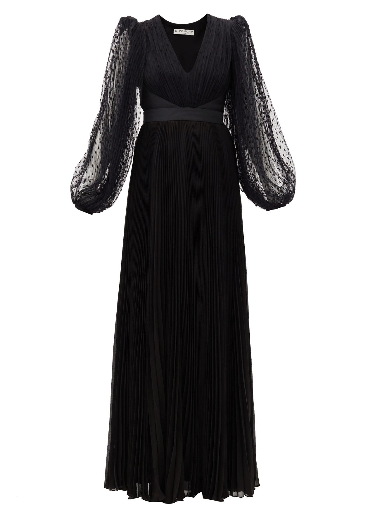 GIVENCHY Plumetis-Tulle Balloon-Sleeve Plissé Silk Gown in Black | endource